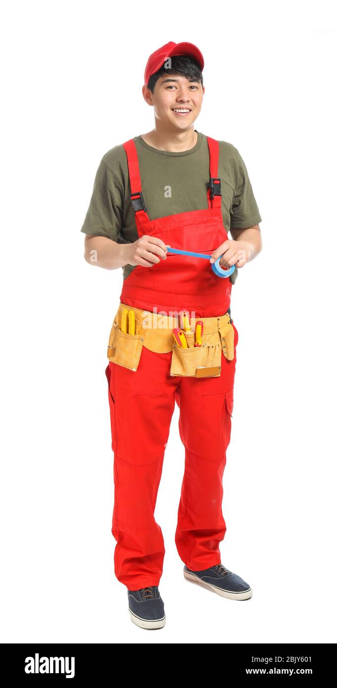 Male electrician on white background Stock Photo - Alamy