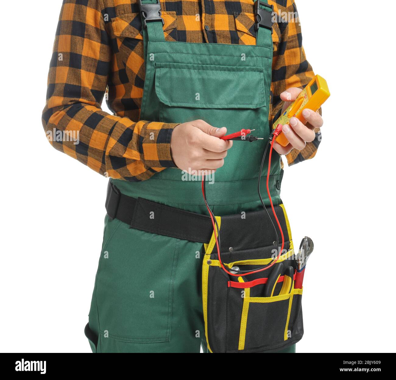 Male electrician on white background Stock Photo - Alamy