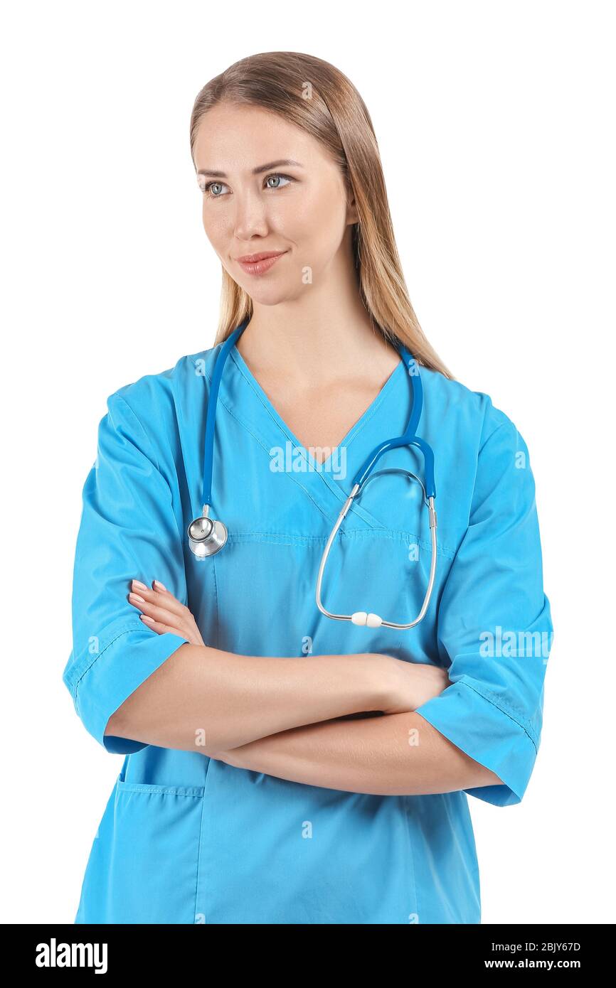Female nurse with stethoscope on white background Stock Photo - Alamy