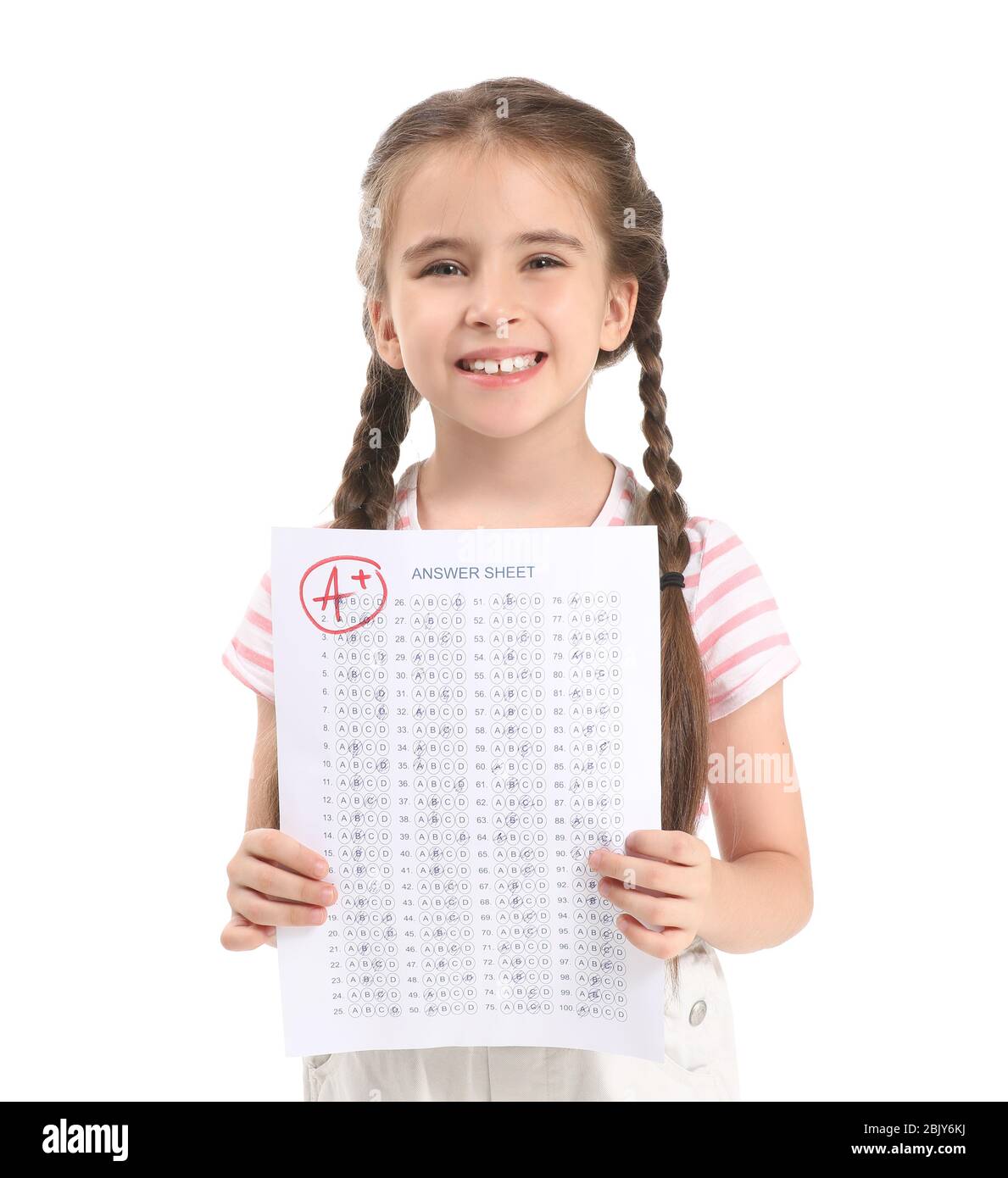 Happy girl with answer sheet for school test on white background Stock ...