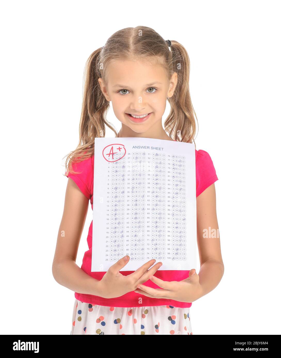 Happy girl with answer sheet for school test on white background Stock ...