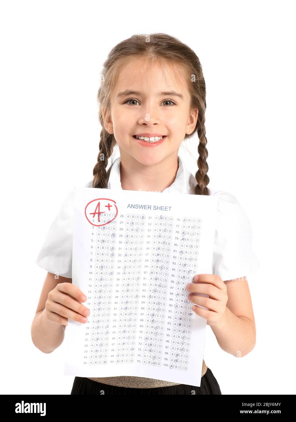 Happy girl with answer sheet for school test on white background Stock ...