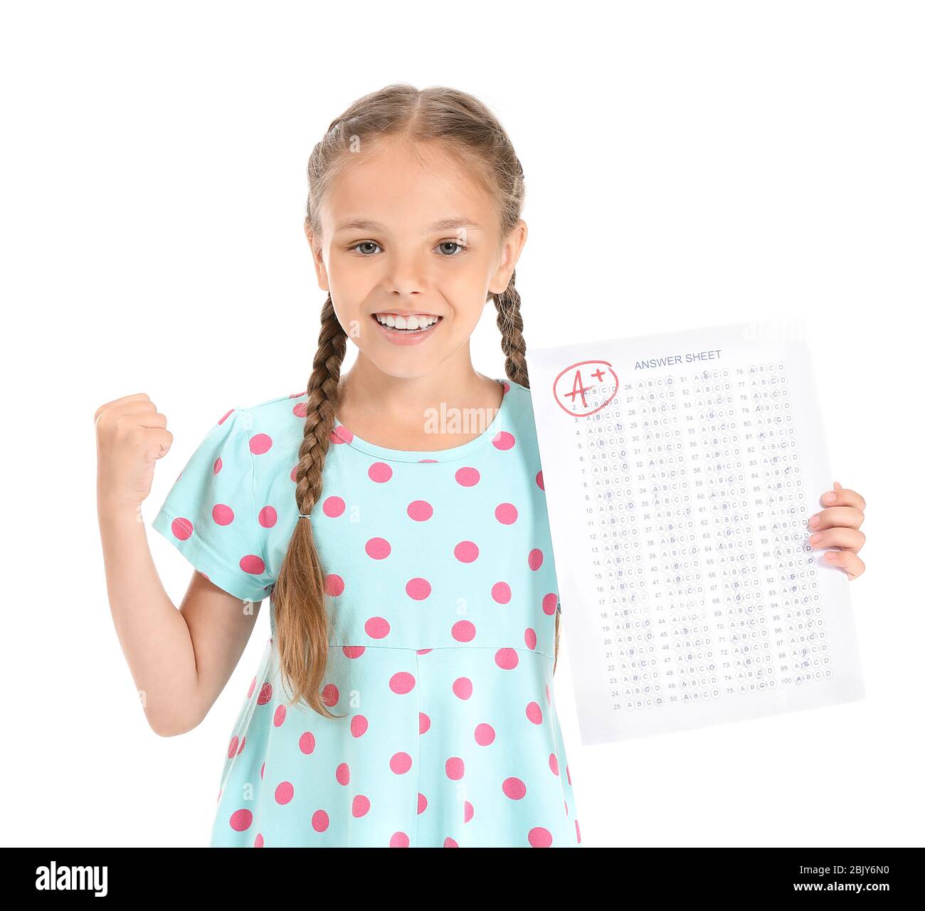 Happy girl with answer sheet for school test on white background Stock ...