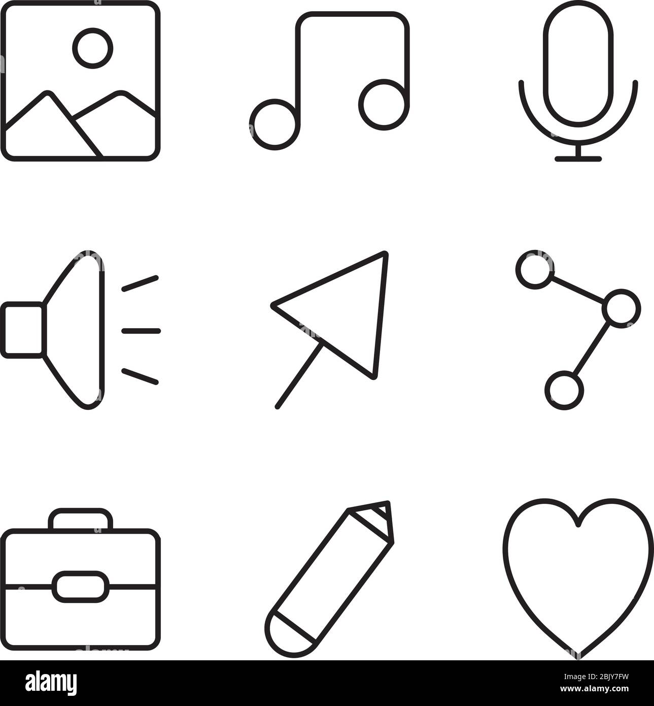 picture symbol and user interface icon set over white background, line ...