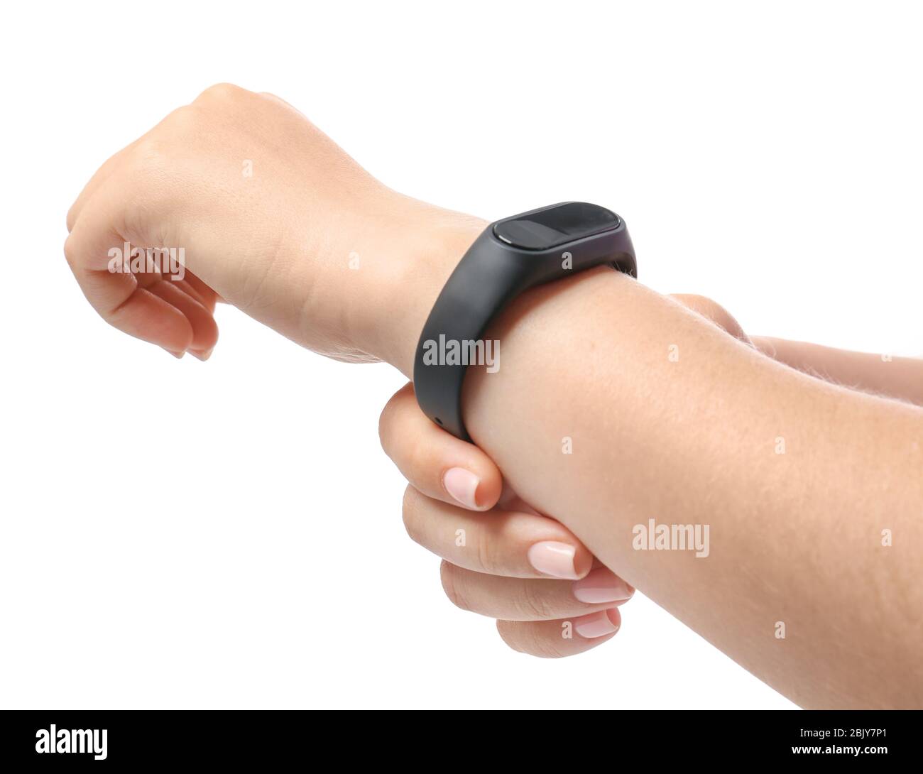 Woman with fitness band checking her pulse on white background Stock ...