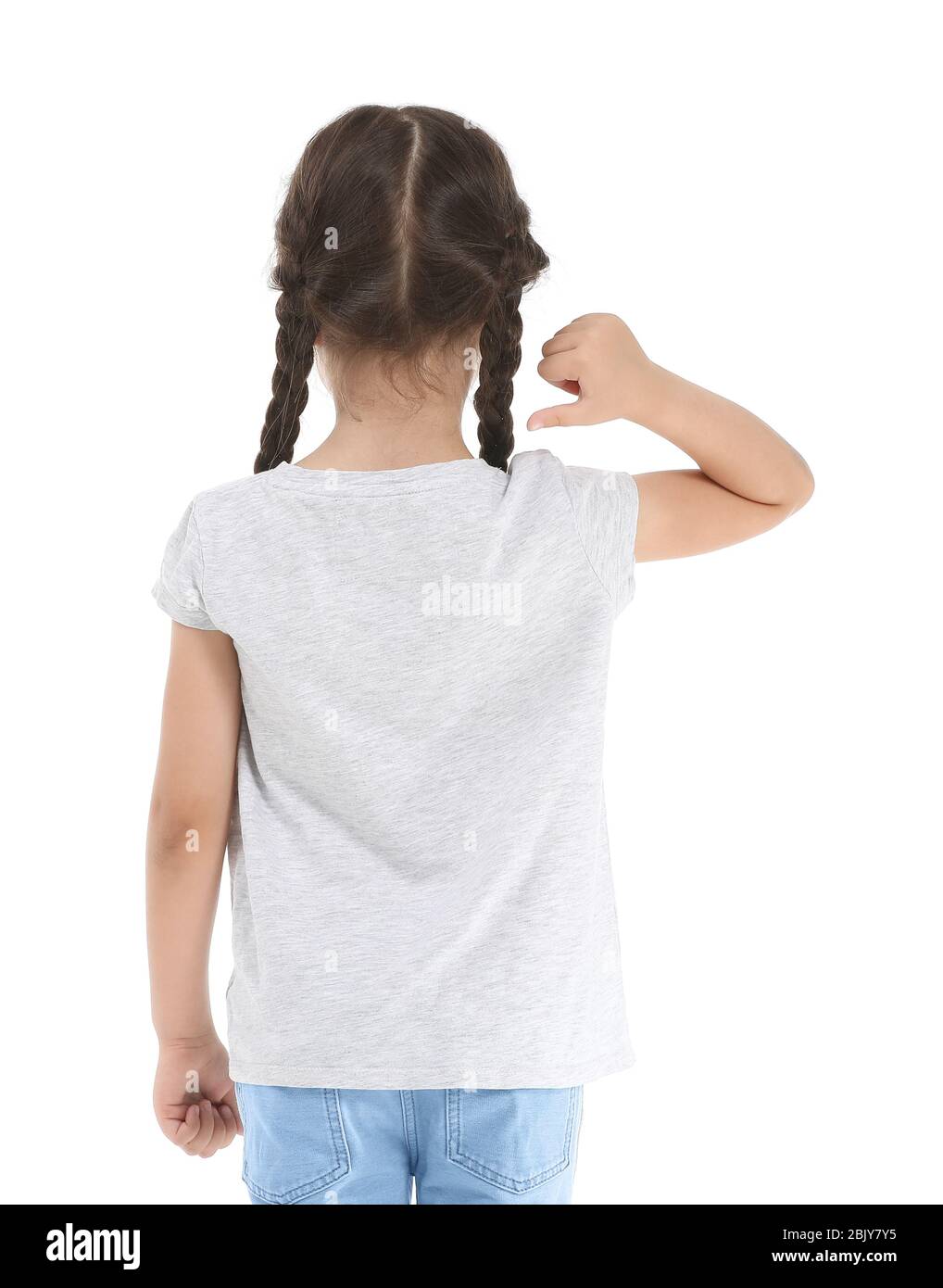 Little girl in stylish t-shirt on white background, back view Stock ...