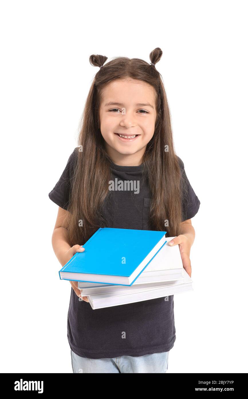 Cute little girl with books on white background Stock Photo - Alamy