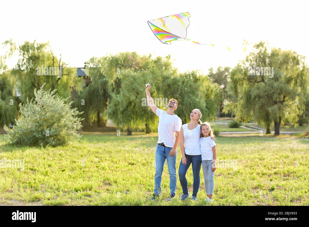 Happy family flying kite outdoors Stock Photo - Alamy