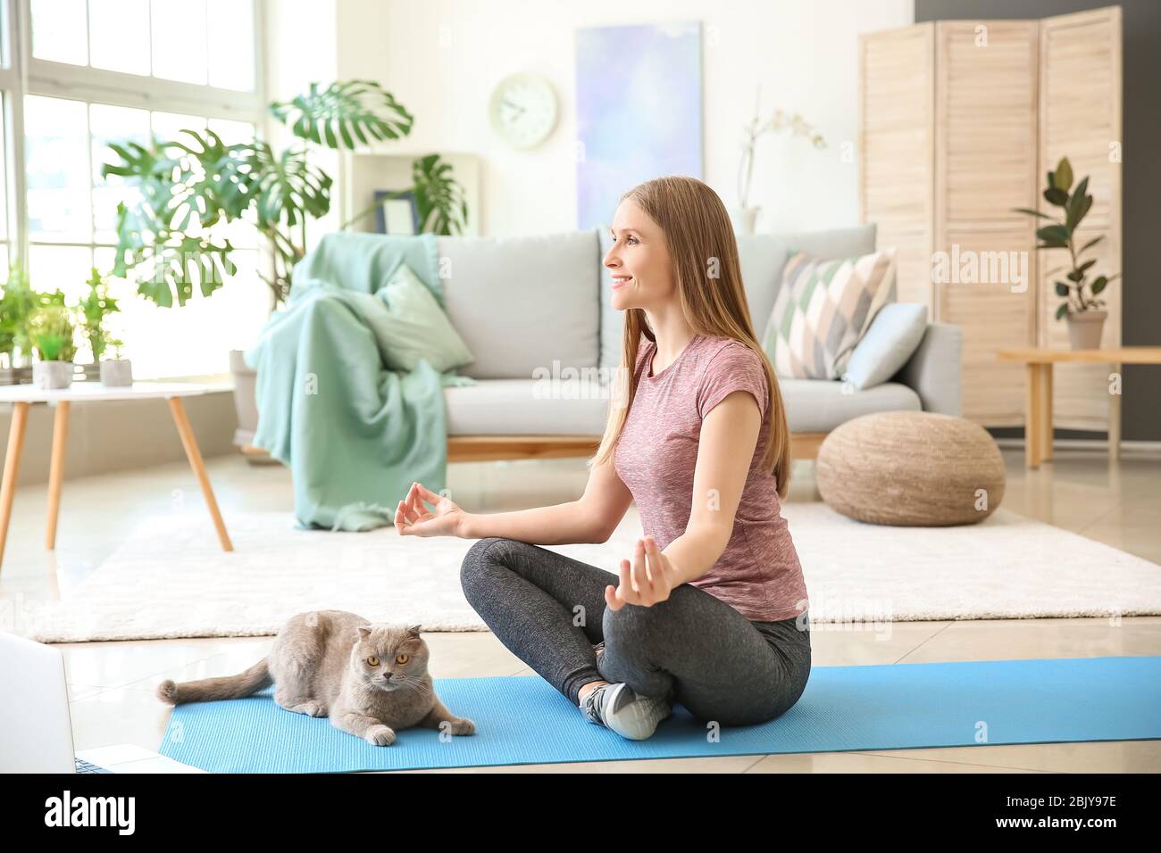 Beautiful woman with cute cat meditating at home Stock Photo - Alamy