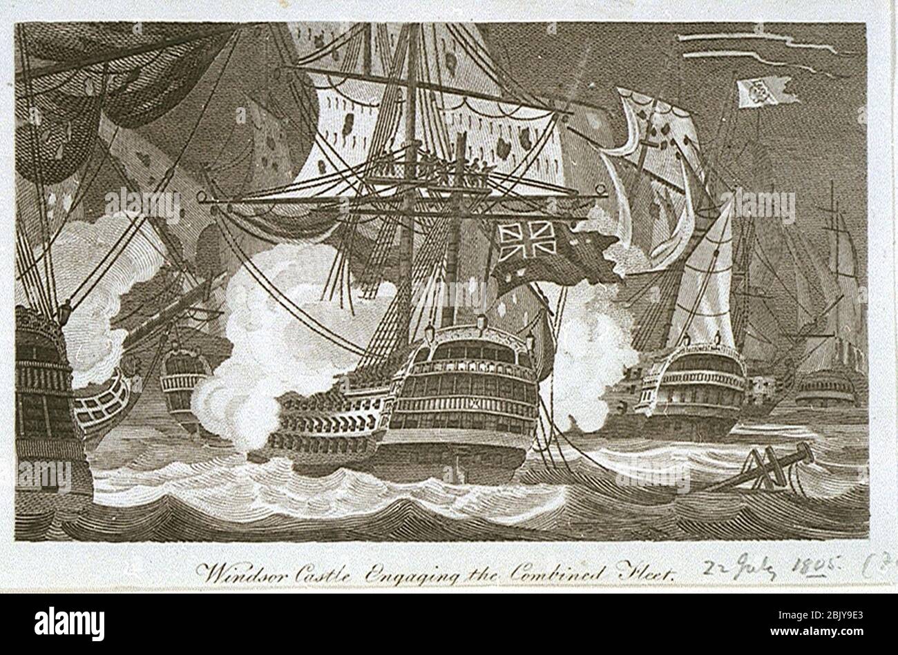 HMS Windsor Castle ведет огонь по испанским кораблям Stock Photo - Alamy