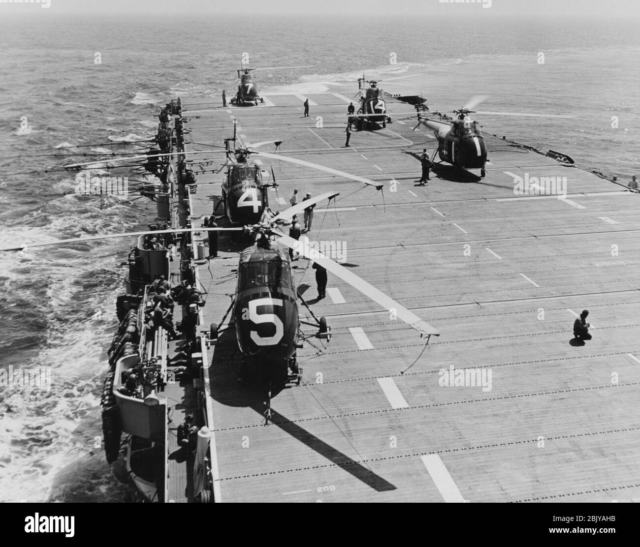 HO4S helicopters of HS-4 on USS Badoeng Strait (CVE-116) in July 1954 ...