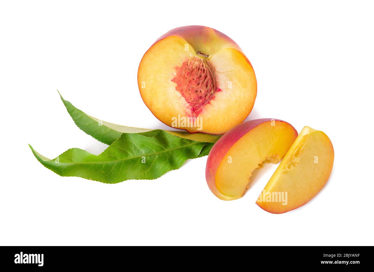 Ripe cut peach on white background Stock Photo - Alamy