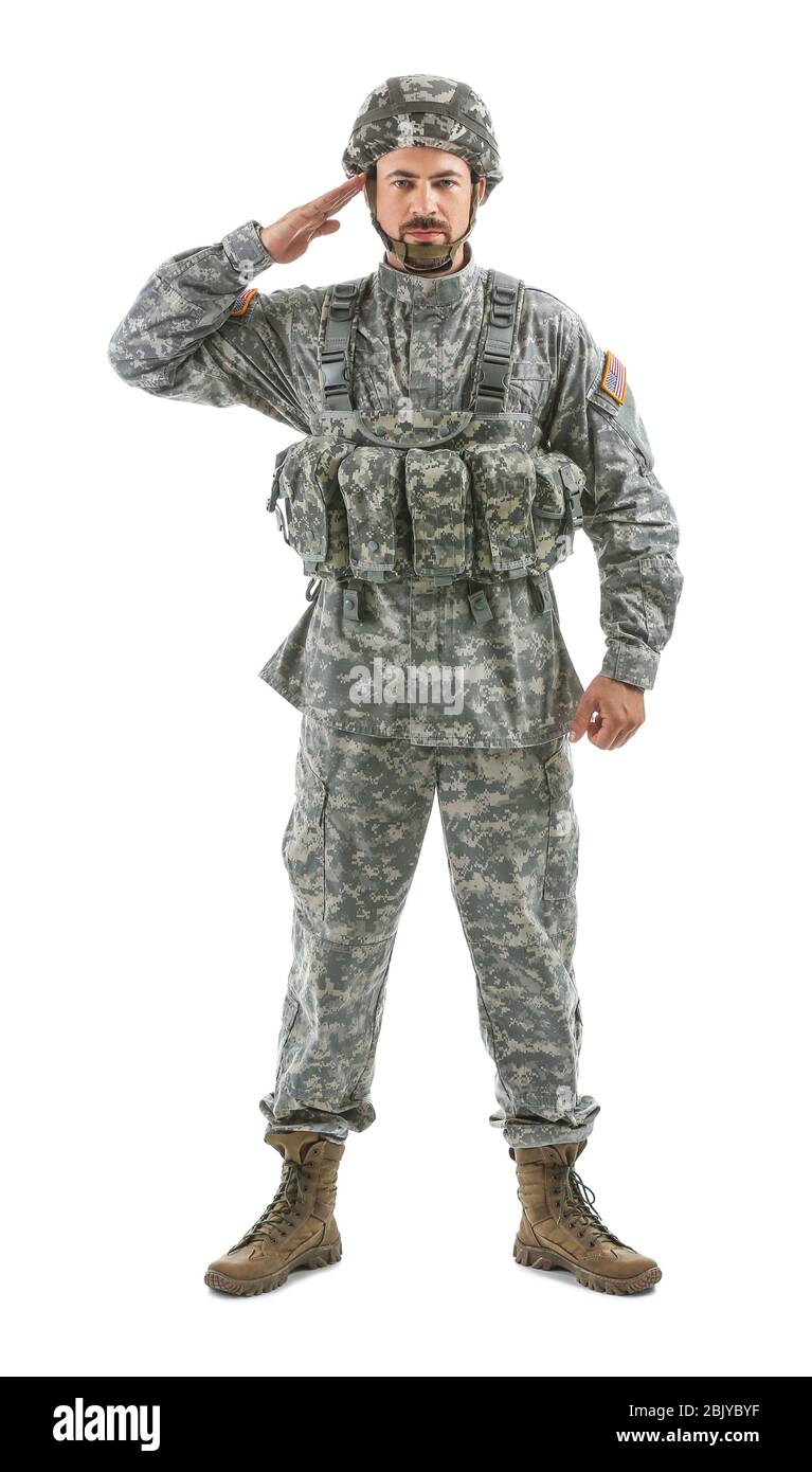 Saluting soldier on white background Stock Photo - Alamy