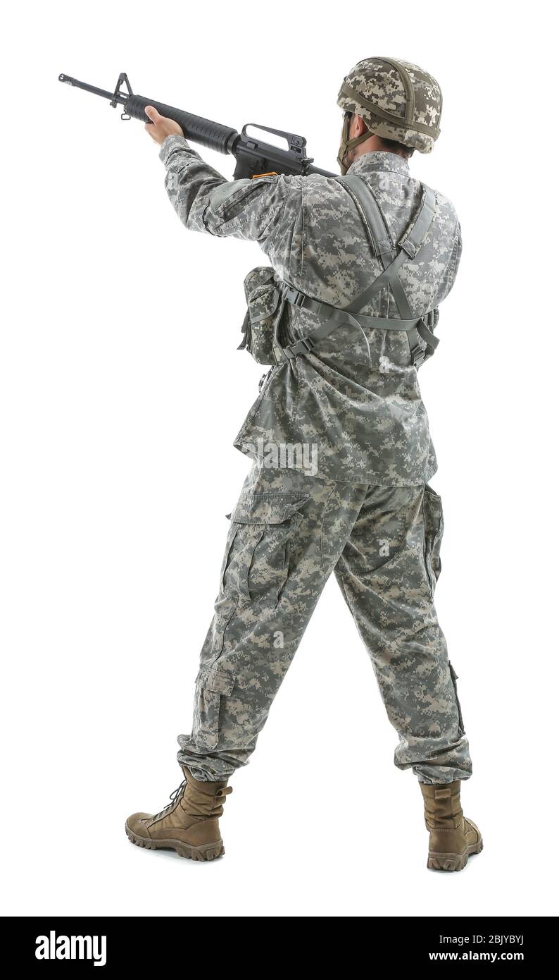 Soldier in camouflage taking aim on white background, back view Stock ...