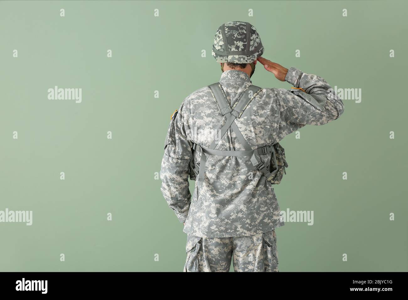Saluting soldier on color background, back view Stock Photo - Alamy