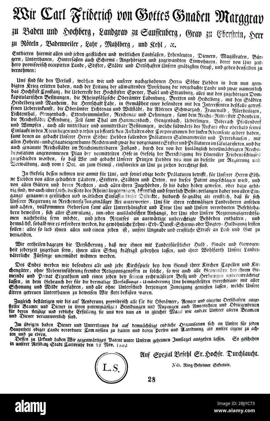 Hochstift Konstanz Besitzergreifung Baden 1802 Stock Photo - Alamy