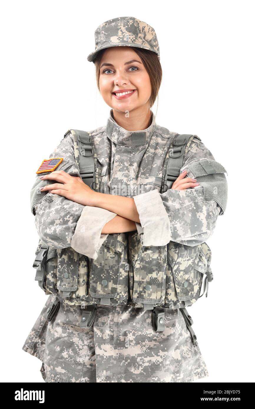 Young female soldier on white background Stock Photo - Alamy