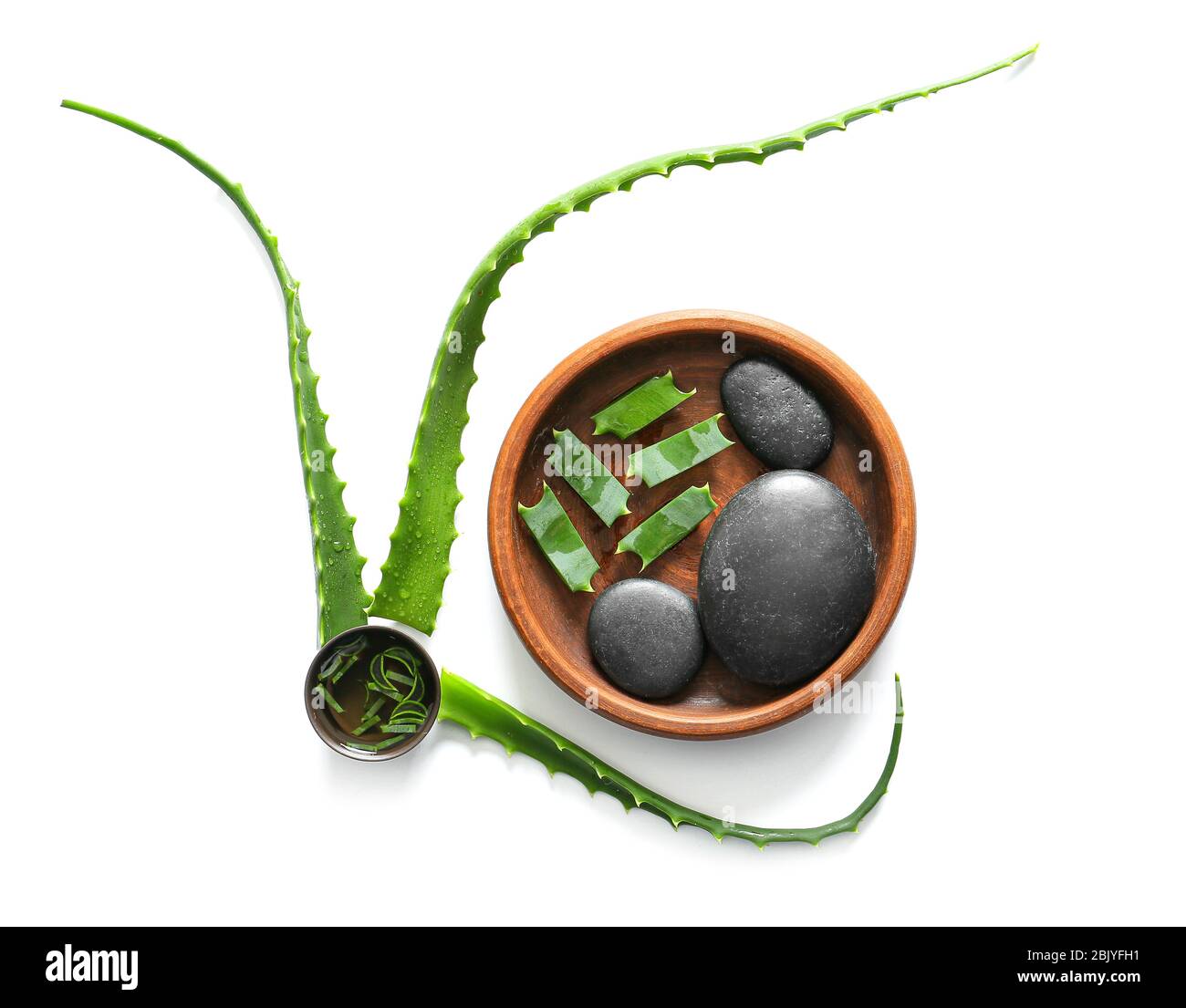 Fresh aloe vera leaves with juice and spa stones on white background ...