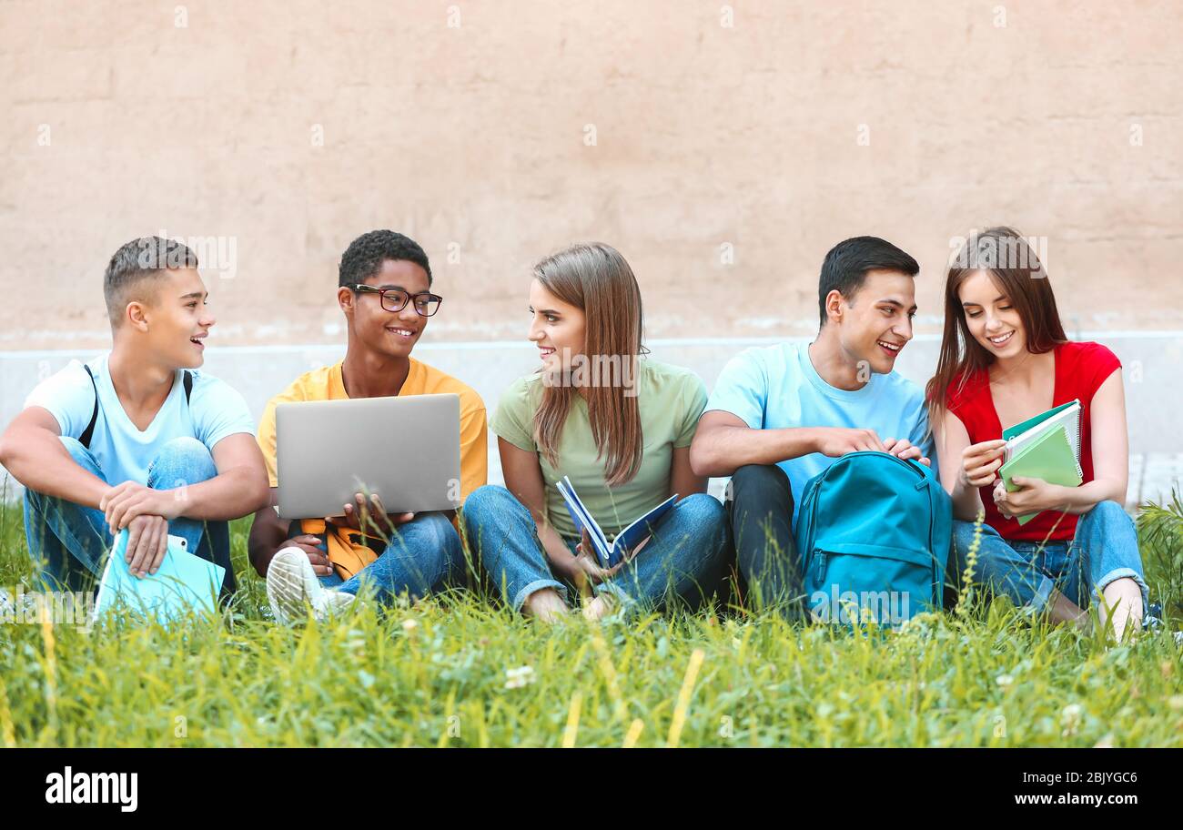 Portrait of young students sitting on grass outdoors Stock Photo - Alamy