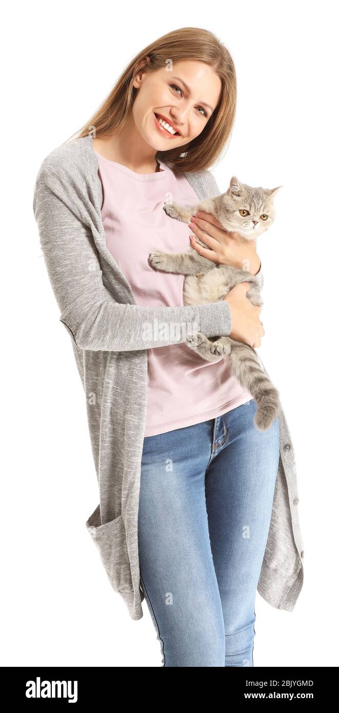 Beautiful young woman with cute cat on white background Stock Photo - Alamy