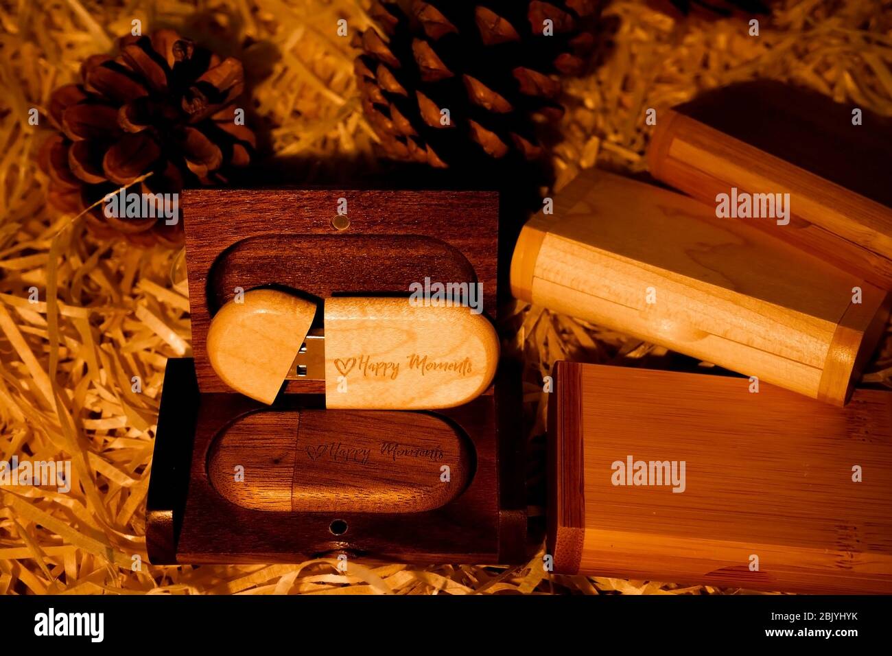 Wooden brown usb flash drive with text Happy Moments with cones, brown ...