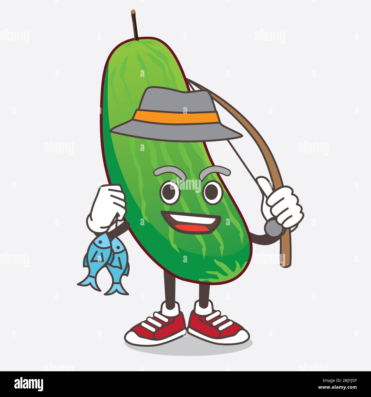 An illustration of Cucumber cartoon mascot character fishing with 2 ...