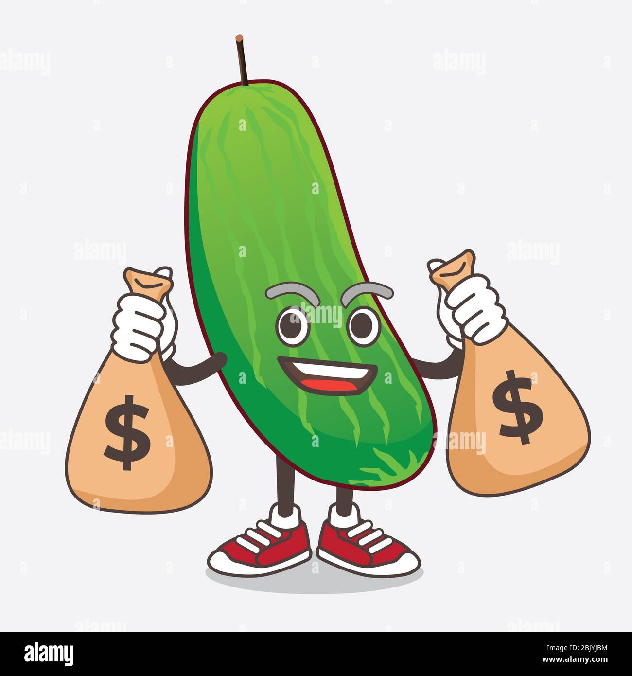 An illustration of Cucumber cartoon mascot character holding money bags ...