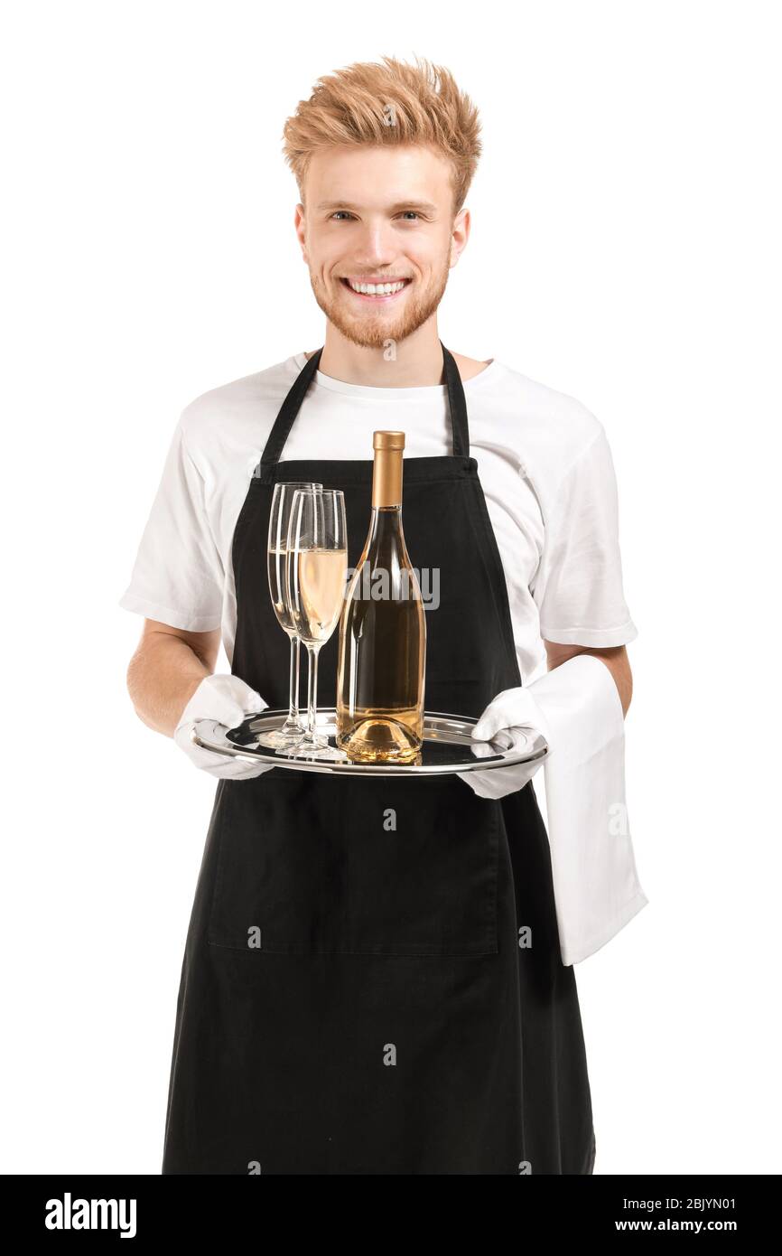 Handsome waiter with champagne on white background Stock Photo - Alamy