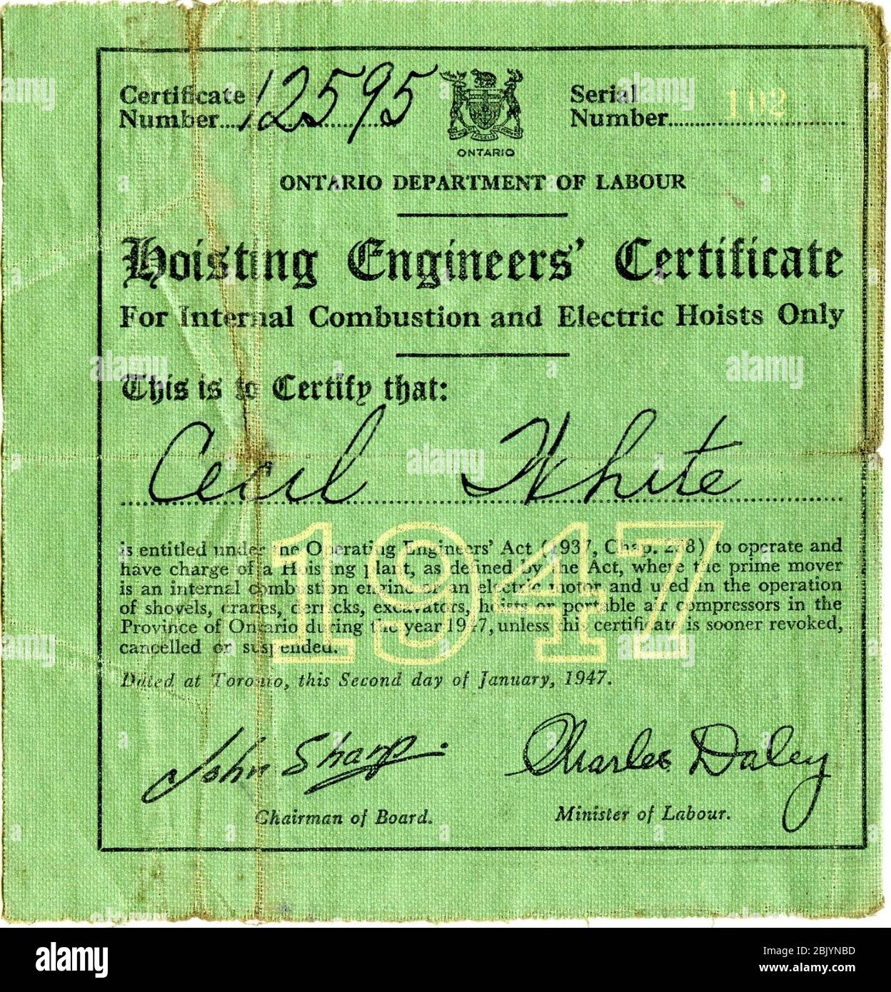 Hoisting Engineers Certificate 1947 Stock Photo - Alamy