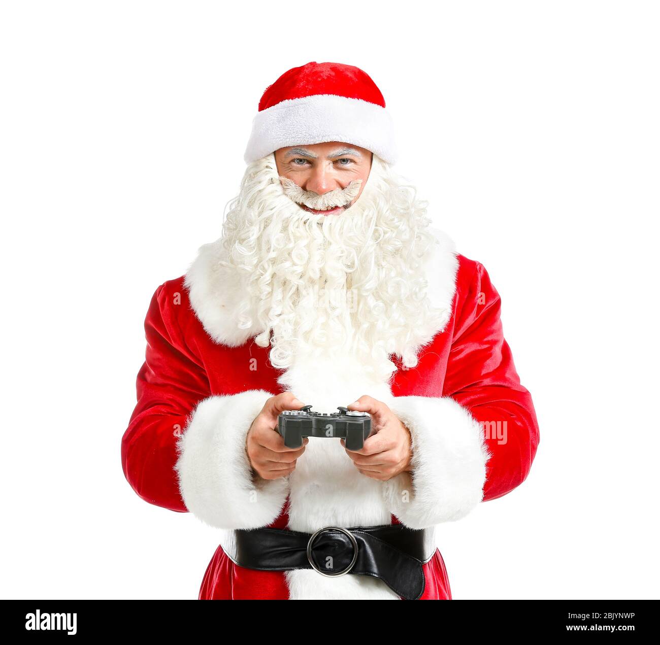 Santa Claus playing video game on white background Stock Photo - Alamy