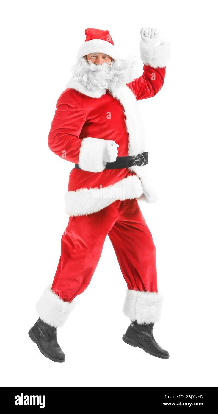 Portrait of jumping Santa Claus on white background Stock Photo - Alamy