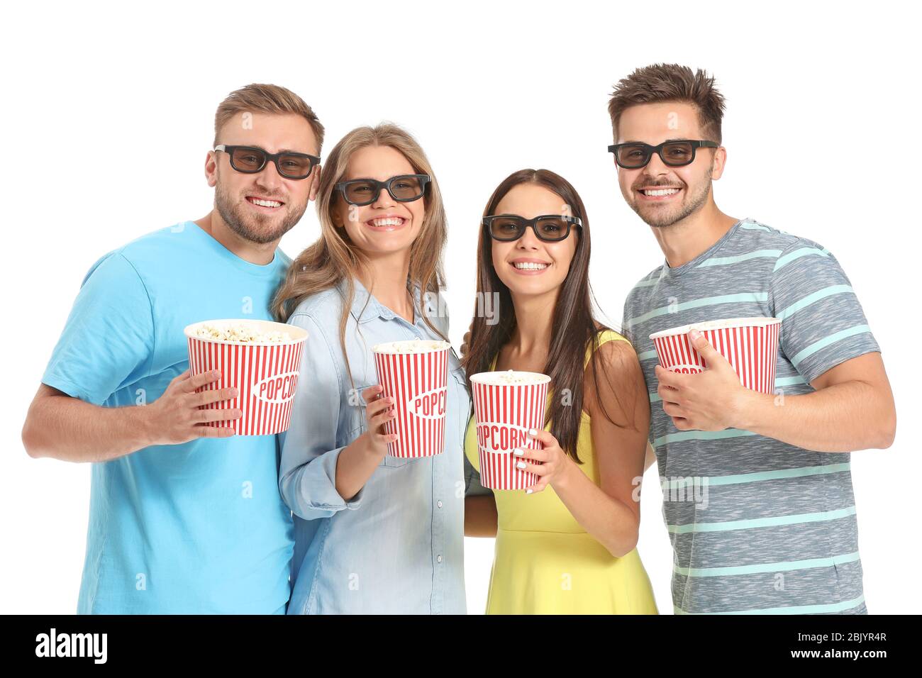 Friends with popcorn watching movie on white background Stock Photo - Alamy