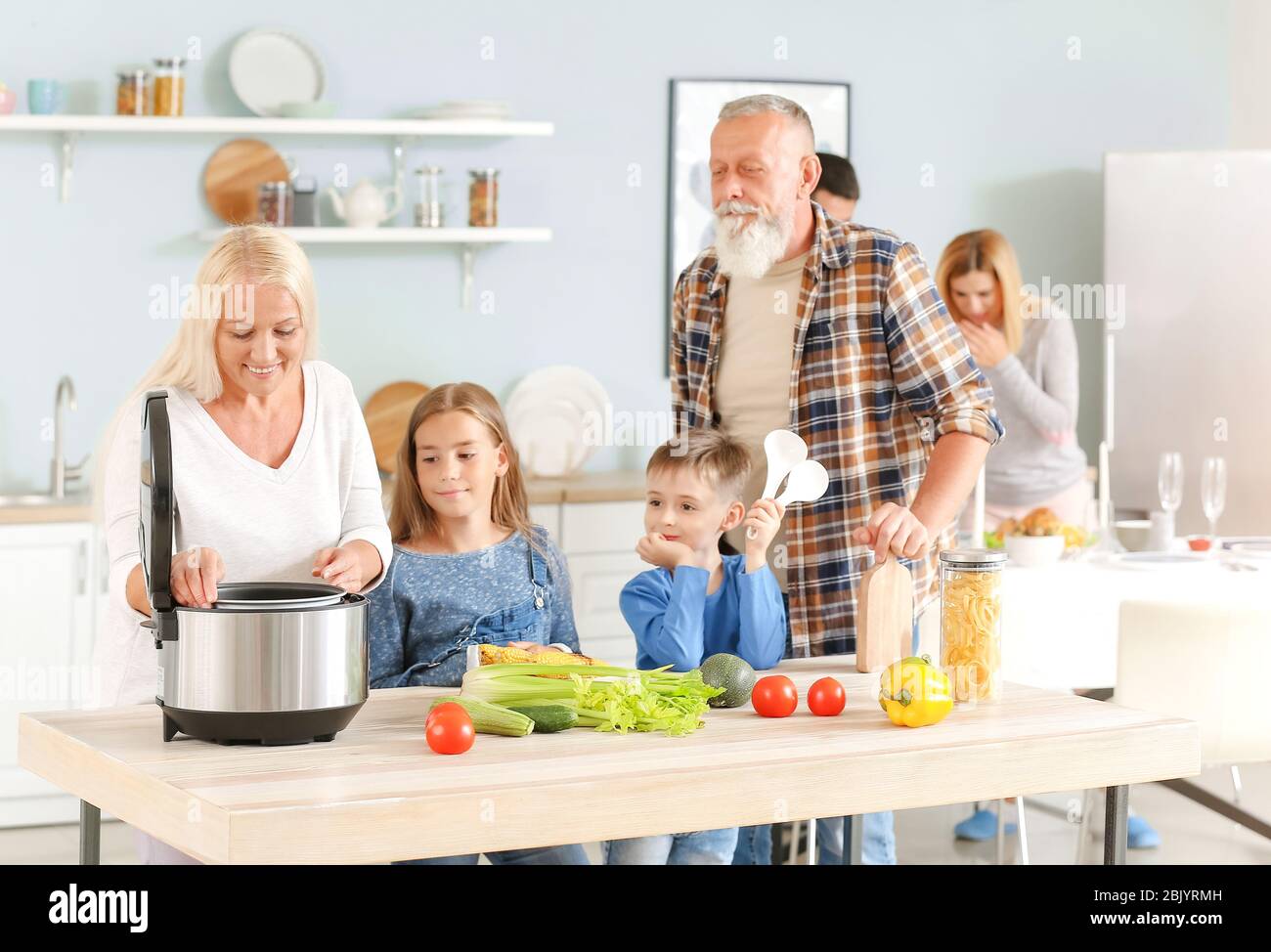 Grandparents and little children using modern multi cooker in kitchen ...