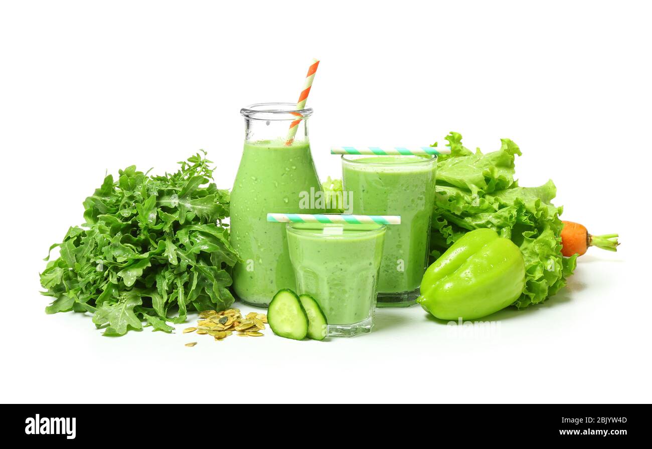 Healthy smoothie with ingredients on white background Stock Photo - Alamy