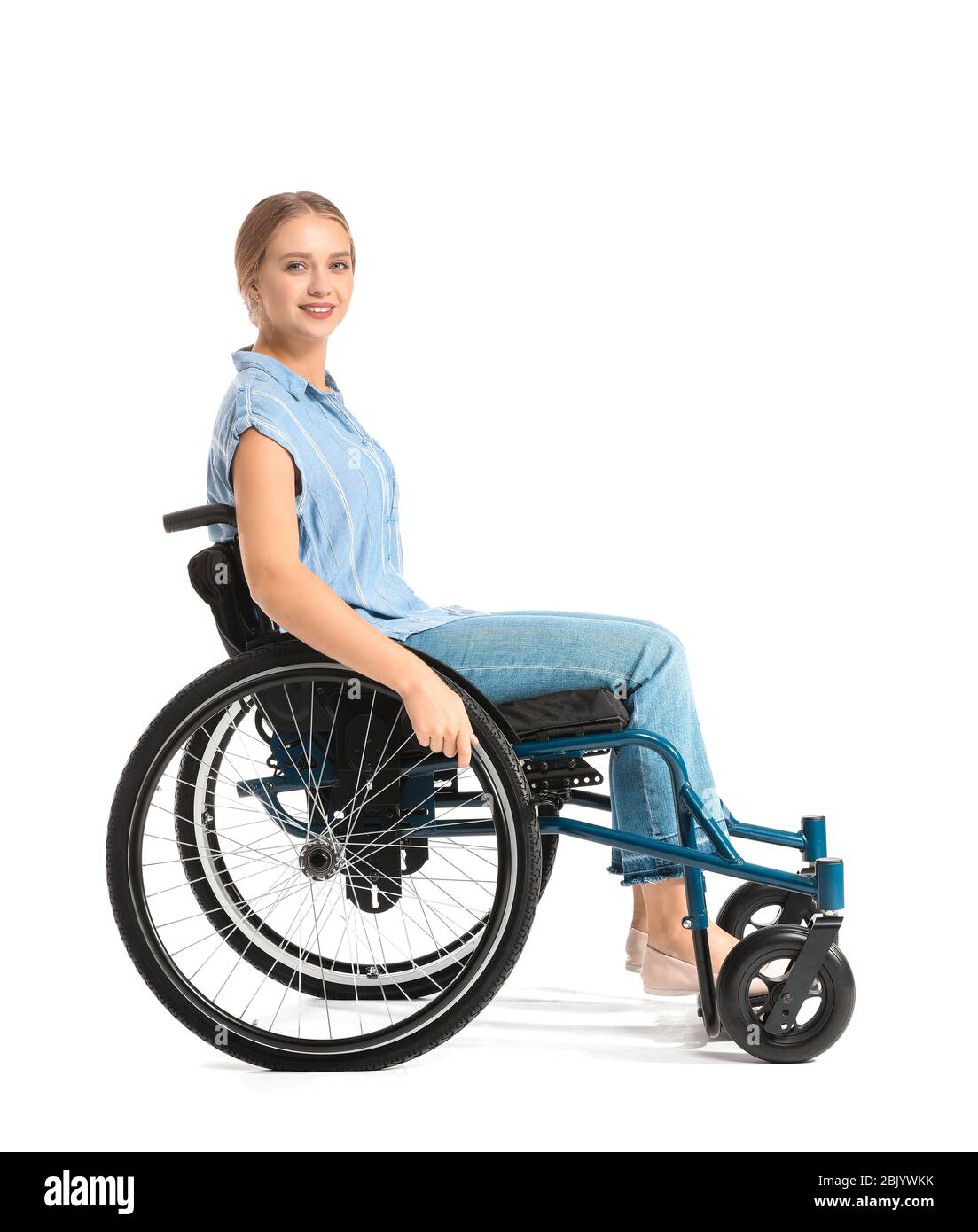 Beautiful woman in wheelchair on white background Stock Photo - Alamy
