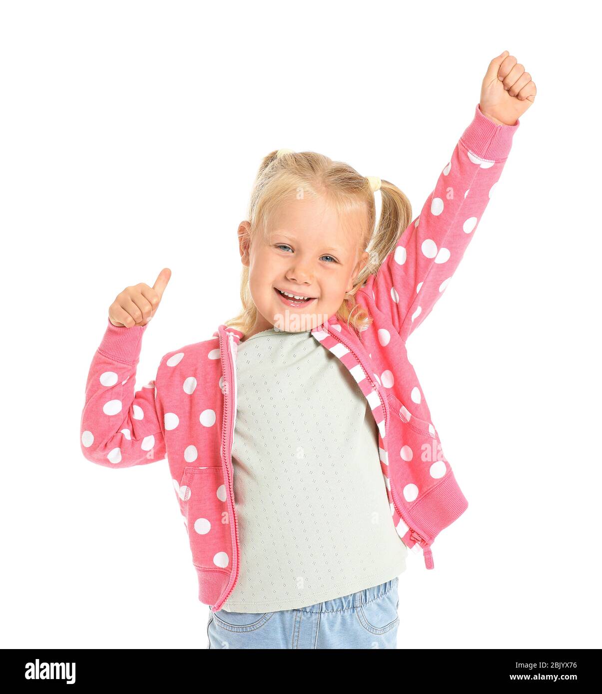 Happy little girl on white background Stock Photo - Alamy