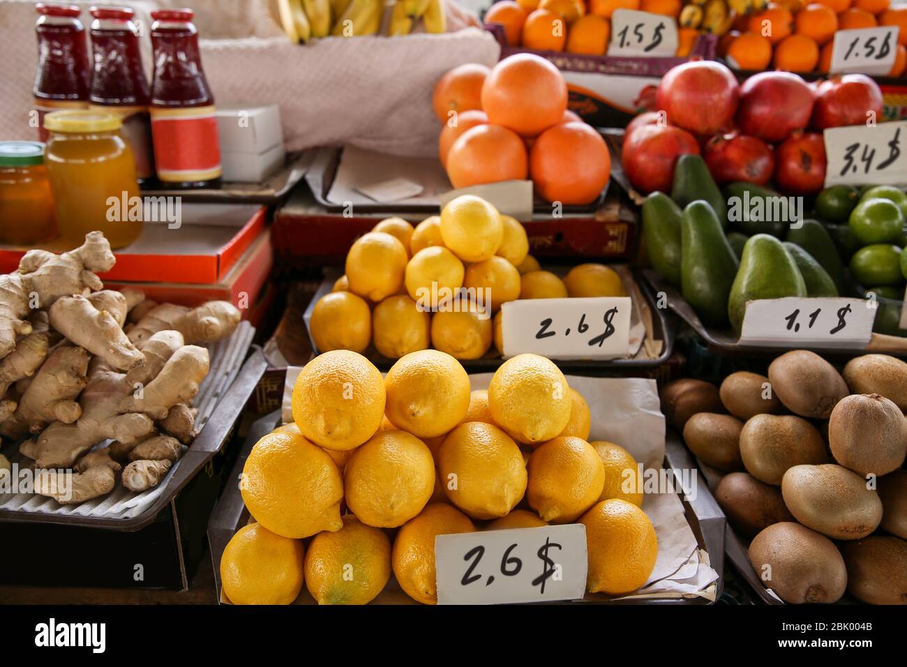 Assortment of fresh fruits on counter at market Stock Photo - Alamy