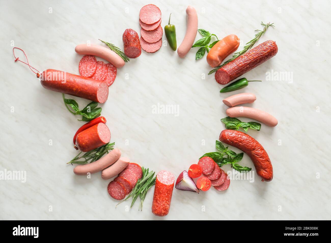 Frame made of different sausages on light background Stock Photo - Alamy