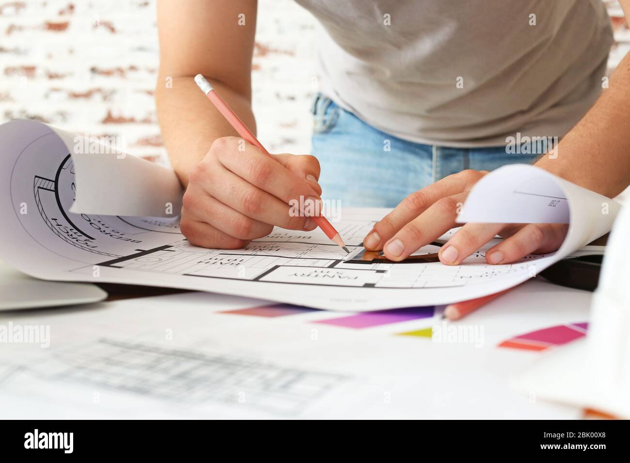 Architect working on project of building in office, closeup Stock Photo ...