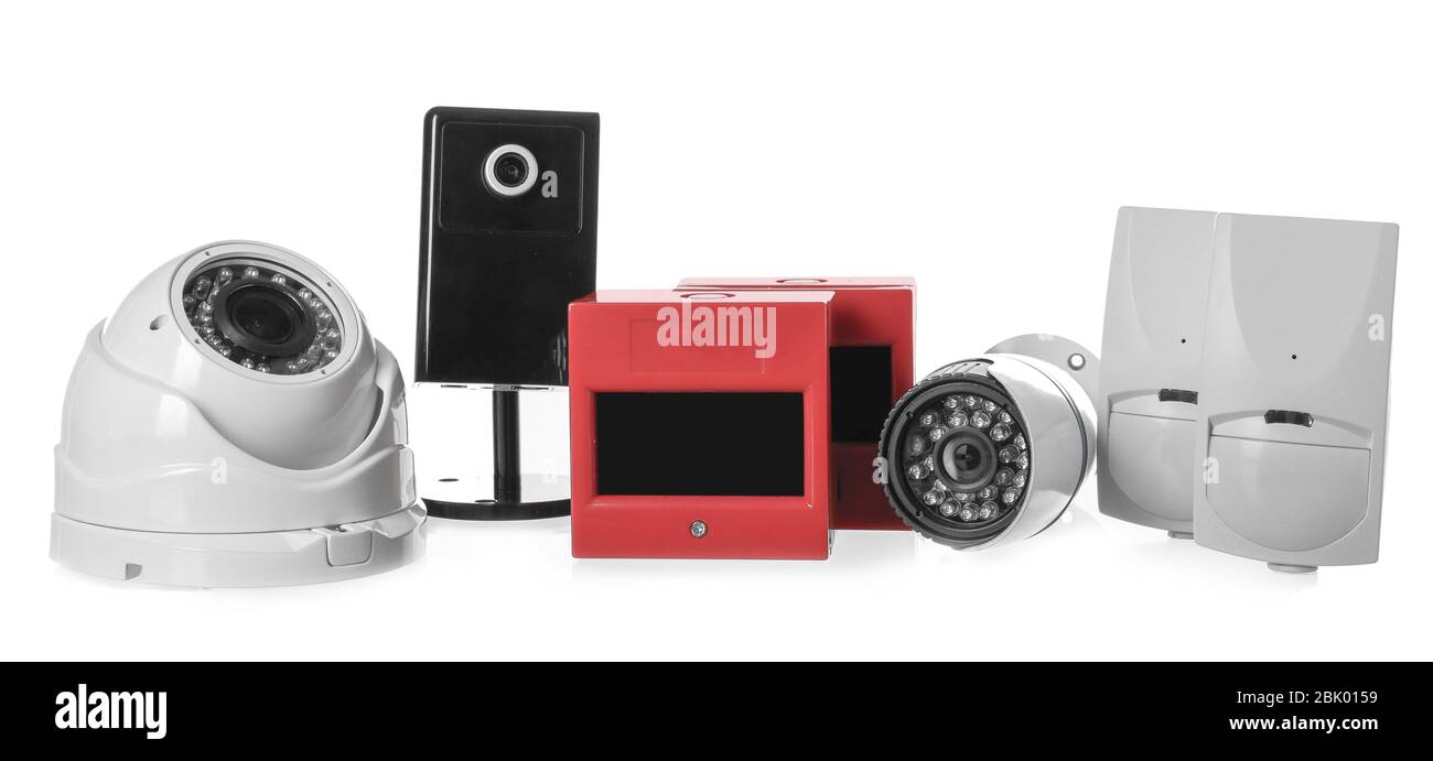 Different equipment of security system on white background Stock Photo ...