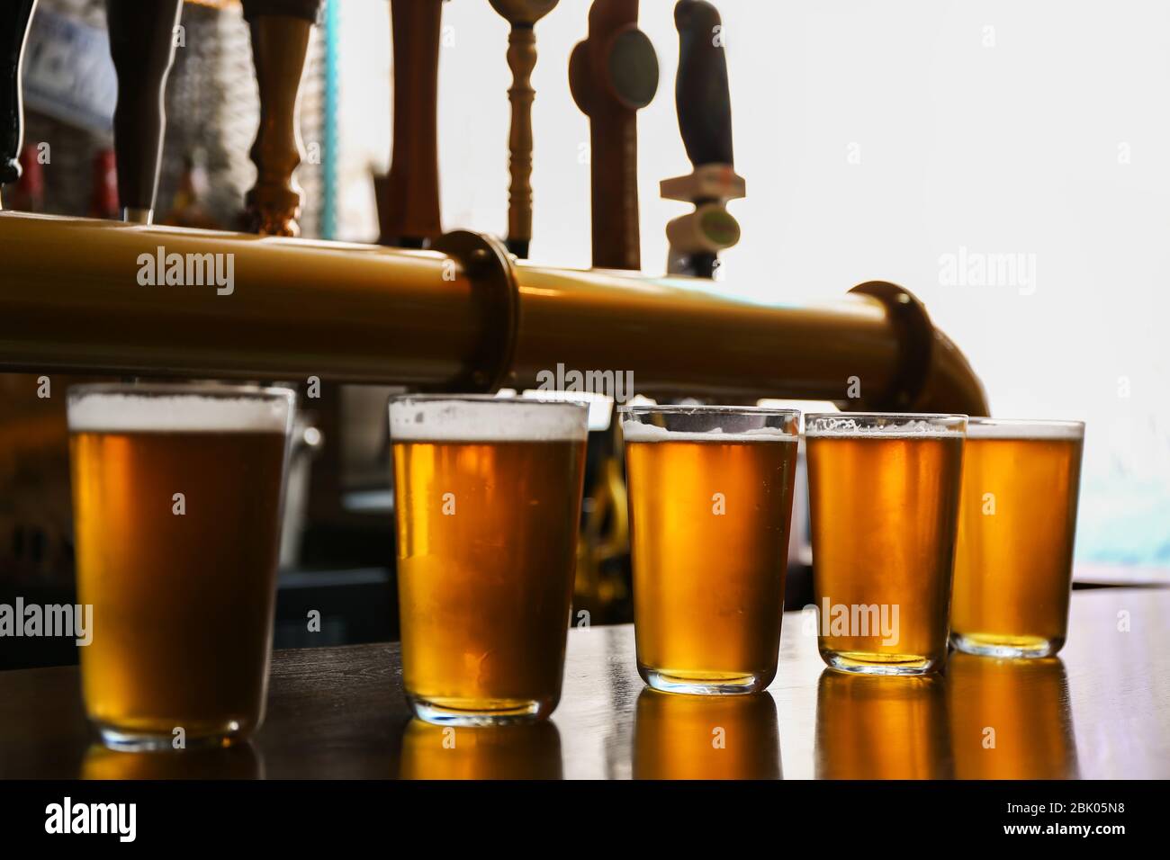 Glasses of fresh draft beer on bar counter Stock Photo - Alamy