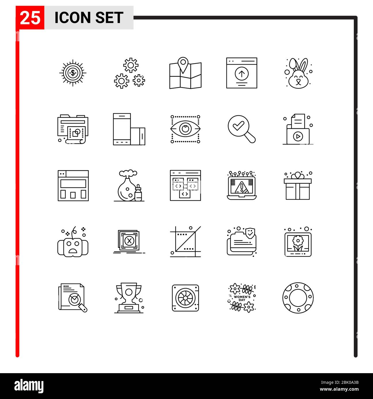 Pictogram Set of 25 Simple Lines of upload, interface, gears ...