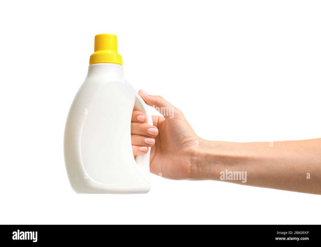 Female hand holding cleaner on white background Stock Photo - Alamy