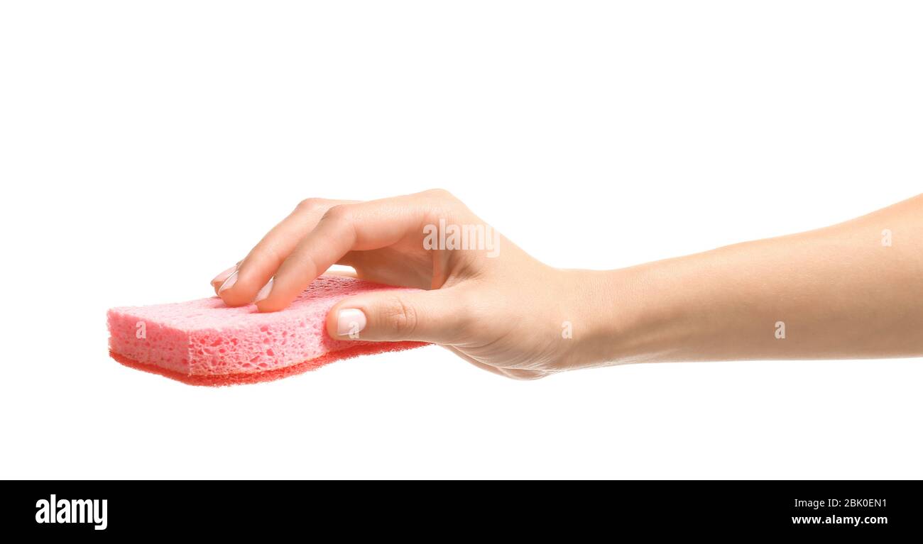 Female hand holding cleaning sponge on white background Stock Photo - Alamy