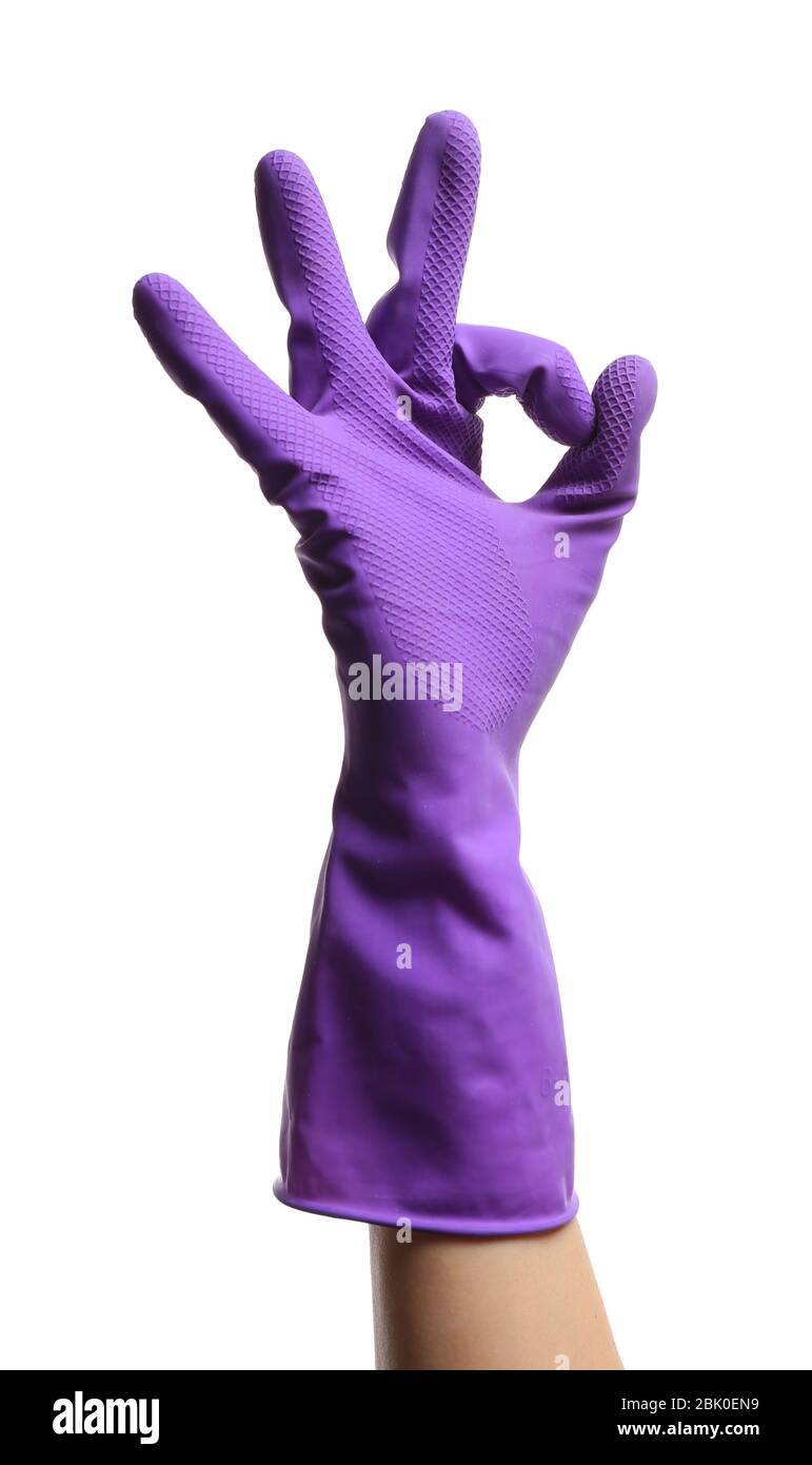 Female hand in glove showing OK gesture on white background Stock Photo ...