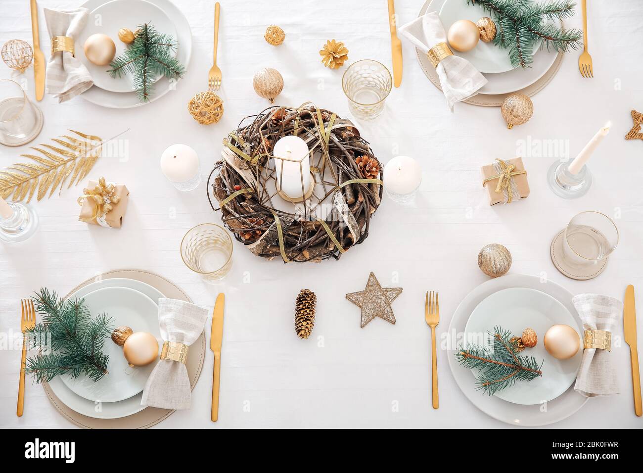 Beautiful table setting for Christmas dinner, top view Stock Photo - Alamy