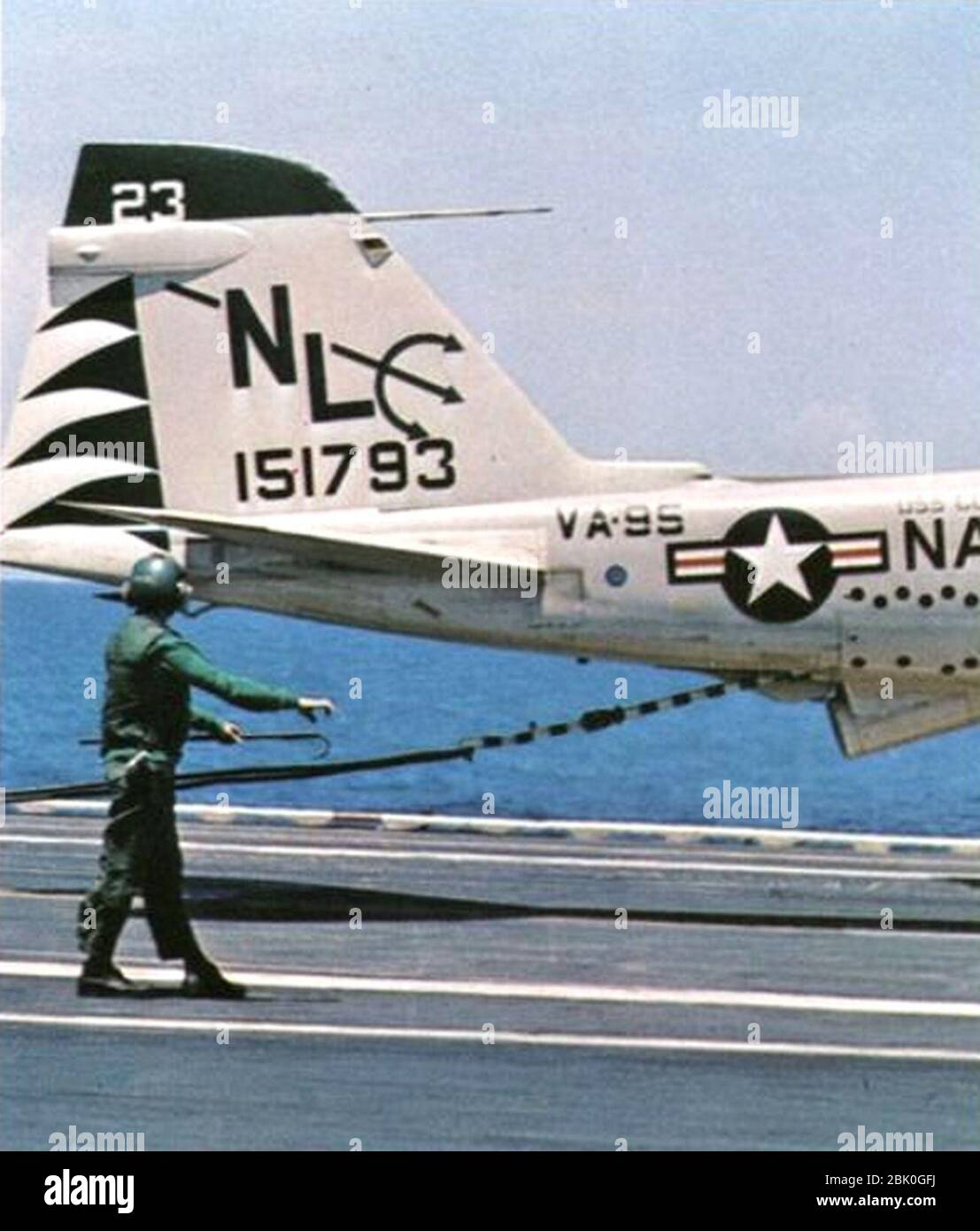 Hook runner approaches KA-6D Intruder of VA-95 aboard USS Coral Sea ...