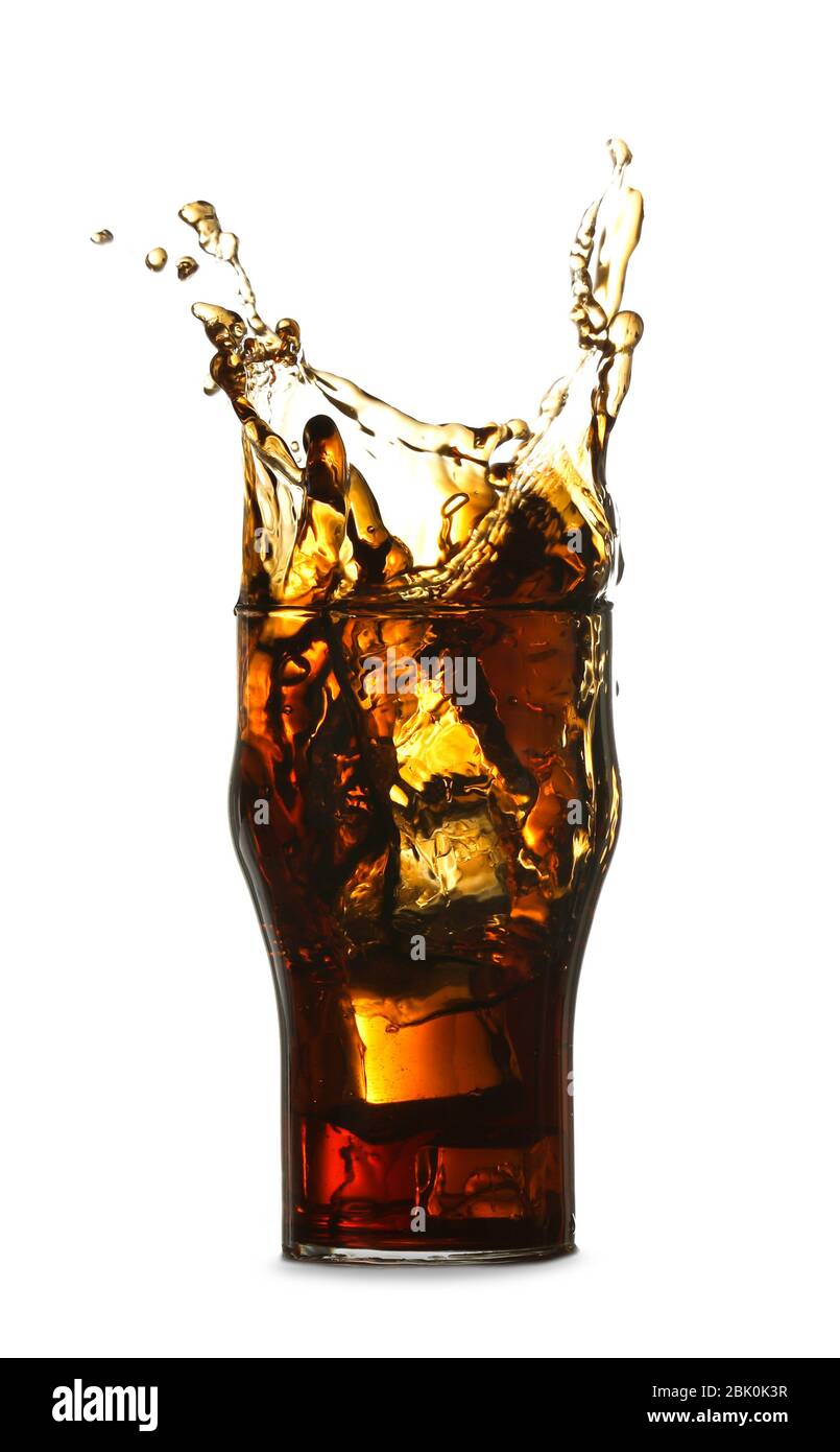 Glass of cold cola with splash on white background Stock Photo - Alamy
