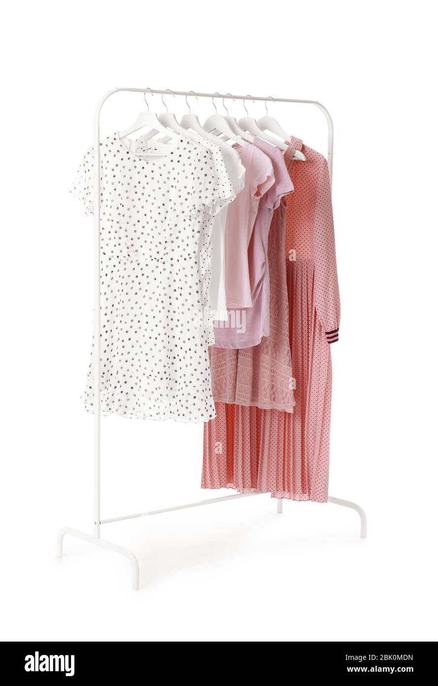 Rack with hanging clothes on white background Stock Photo - Alamy