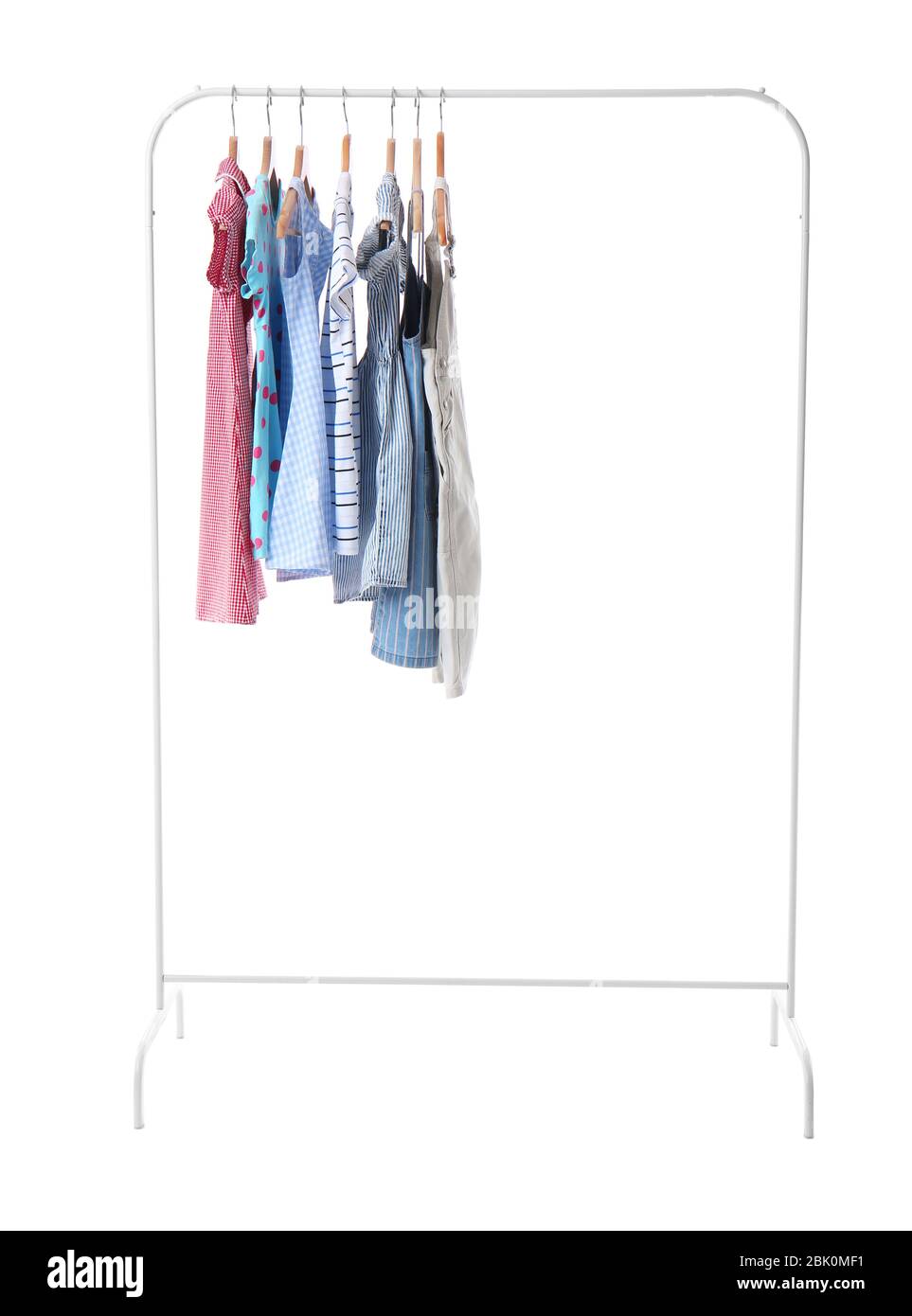 Rack with hanging clothes on white background Stock Photo - Alamy